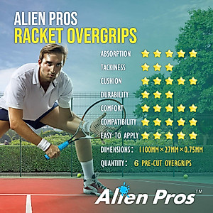 ALIEN PROS Tennis Racket Grip Tape (6 Grips) – Precut and Light Tac Feel Tennis Grip – Tennis Overgrip Grip Tape Tennis Racket – Wrap Your Racquet for High Performance (6 Grips, Blue)