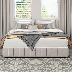 Yaheetech King Bed Frame Upholstered Platform Bed with 4 Storage Drawers, Large Storage Space/Strong Wooden Slats/Non-Slip and Noise-Free/No Fixed Headboard/No Box Spring Needed/Beige King Bed