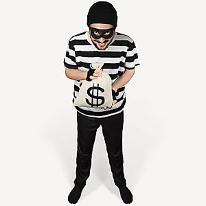 SOMSOC Adult Halloween Robber Costume Set Include Short Sleeves Stripe T-shirt Beanie Cap Dollar Sign Money Bag Eye Mask Half-finger Gloves for Halloween Cosplay Pirate Burglar Theme Party, Small