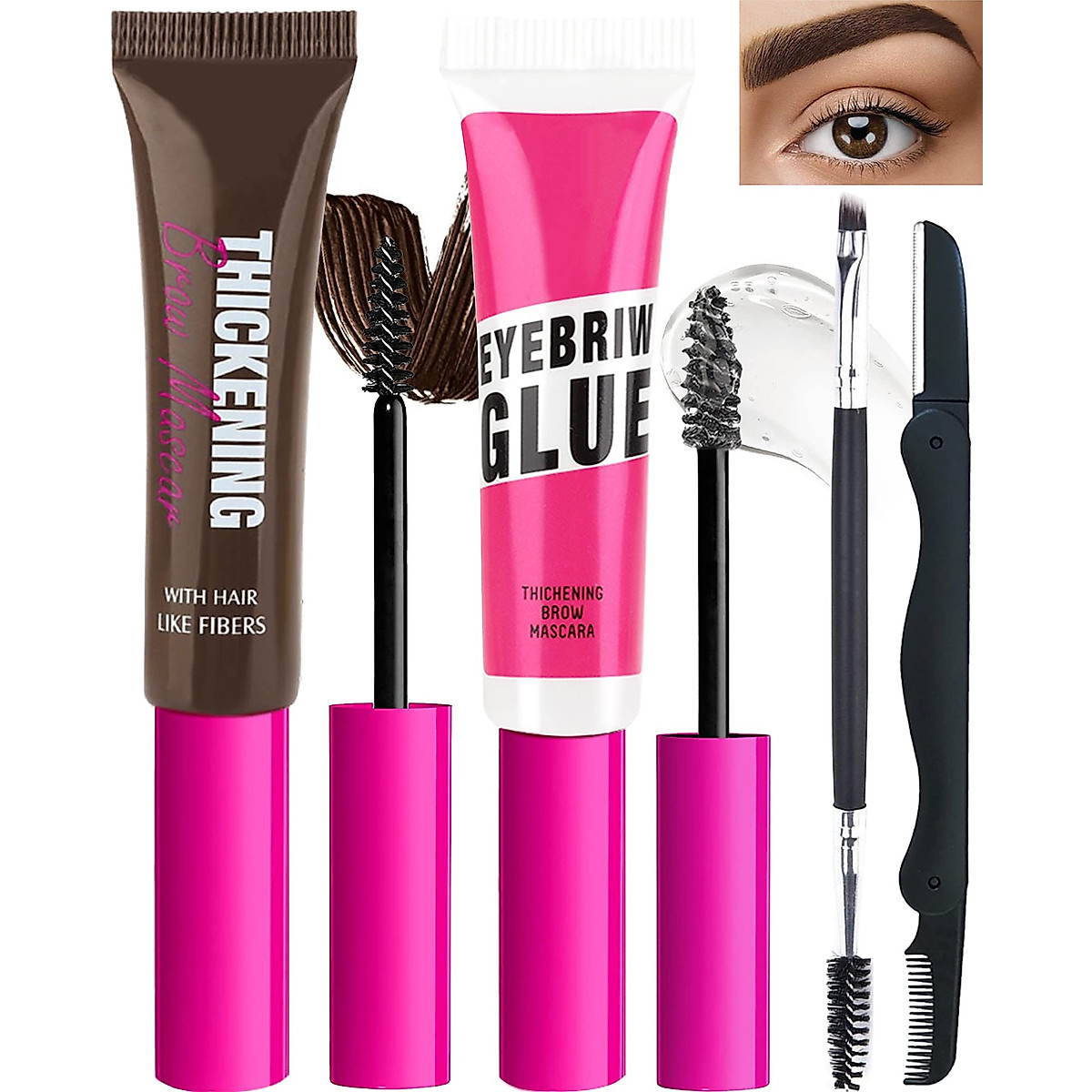 Brow Gel Kit-Espresso Thickening Tinted Eyebrow Mascara Gel & Clear Setting Brow Glue, Brow Lift Fast Sculpt, Long Lasting Eye Makeup for Women, Light Medium Dark Brown With Brow Tool-Set 07