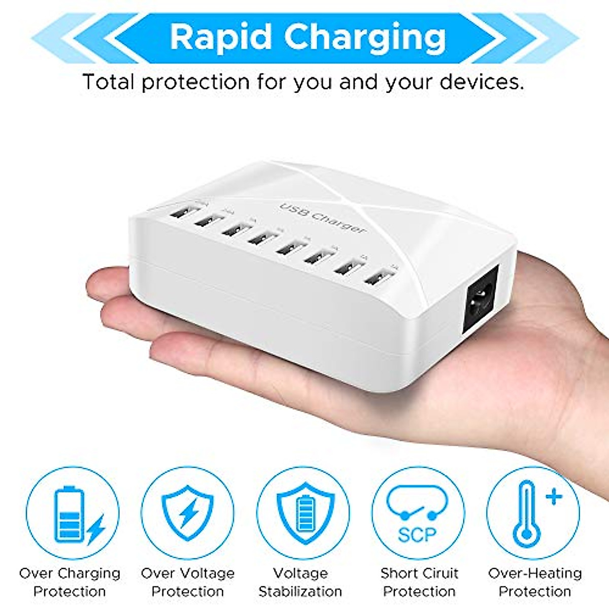 Ksing 8 Port USB Charging Station, 40W Home Desktop USB Fast Charger, Multiple USB Desktop Chargers, Suitable for Hotels, Shops, Schools, Shopping malls and Travel (UL Certification)（White）