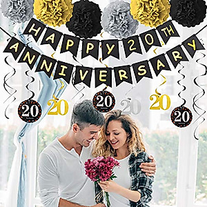 Yoaokiy 20th Anniversary Decorations Supplies Kit - Including Glitter Happy 20th Anniversary Banner, 9Pcs Hanging Swirl, 6Pcs Poms - 20th Wedding Anniversary Party Decorations Photo Props…