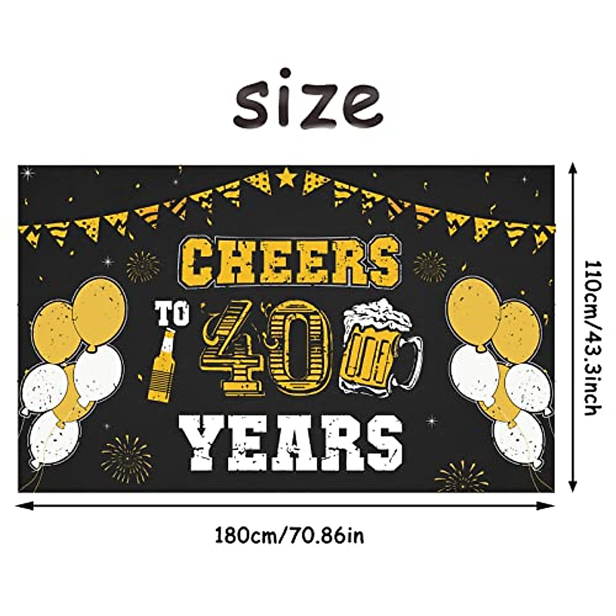 DARUNAXY 40th Birthday Black Gold Party Decorations, Cheers to 40 Years Banner for Men 40 Year Old Birthday Party Supplies, Large Fabric 40 Birthday Backdrop Photography Background for Women