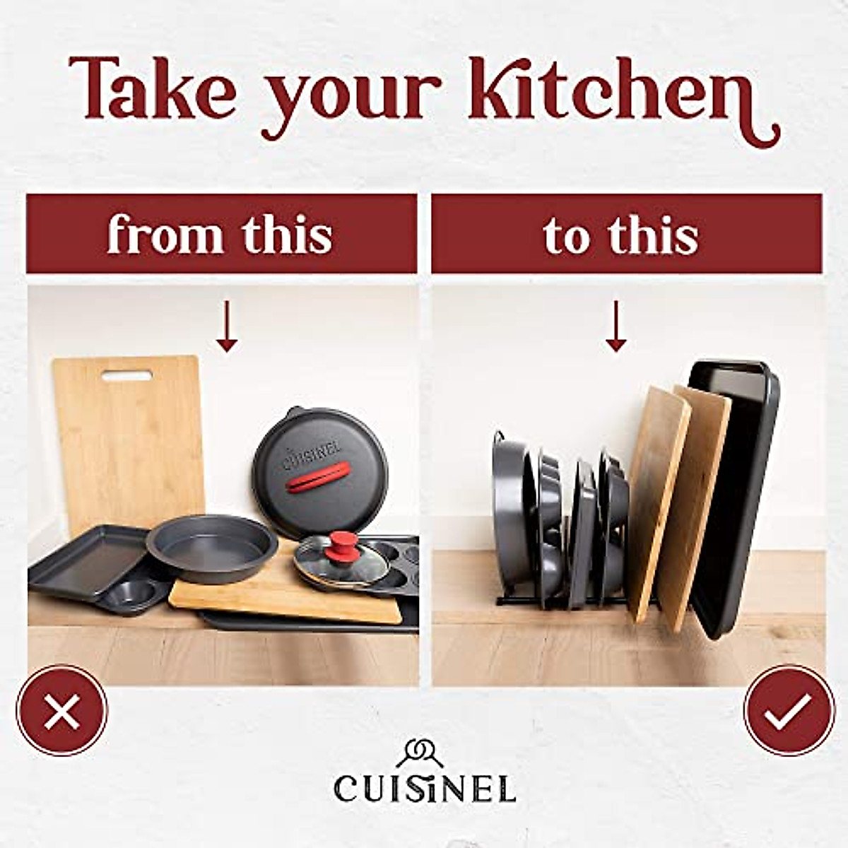 Cuisinel Lid and Dish Organizer Rack - Satin Nickel Silver Kitchen Storage Organization Stand - Plate Holder, Pan/Pot Covers, Cutting Board and Cookie Sheet Divider - 7-Tier Cabinet/Counter Display