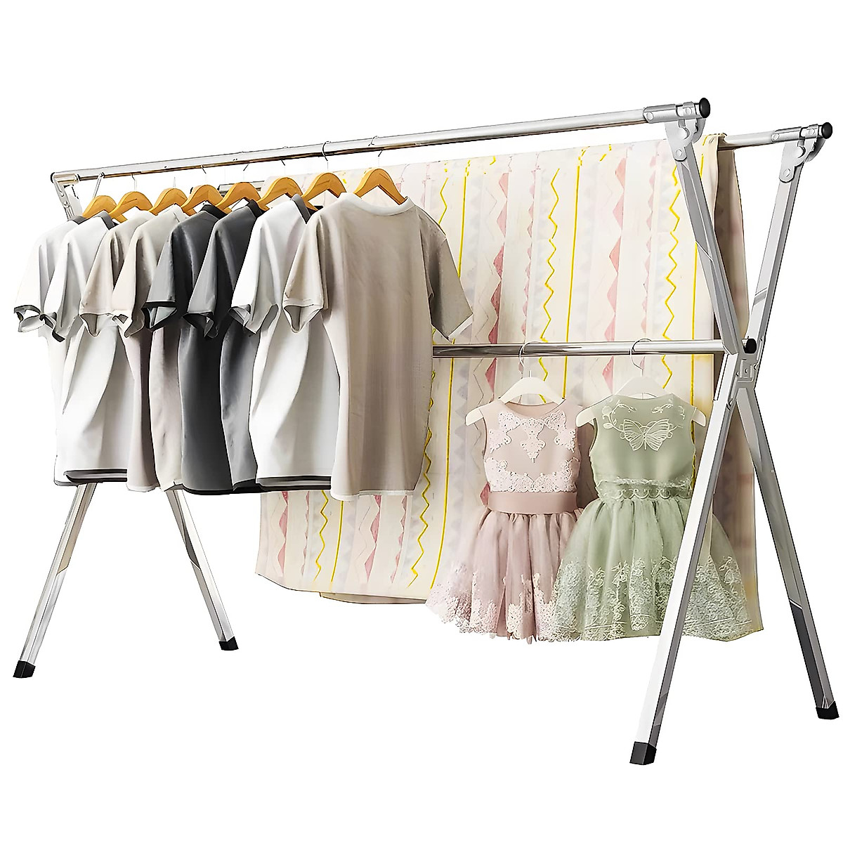 URYAN 79 Inches Stainless Steel Clothes Drying Rack, Heavy Duty Laundry Drying Rack Folding Indoor Outdoor, Portable Drying Rack Clothing, Free-Standing Laundry Stand with 20 Windproof Hooks