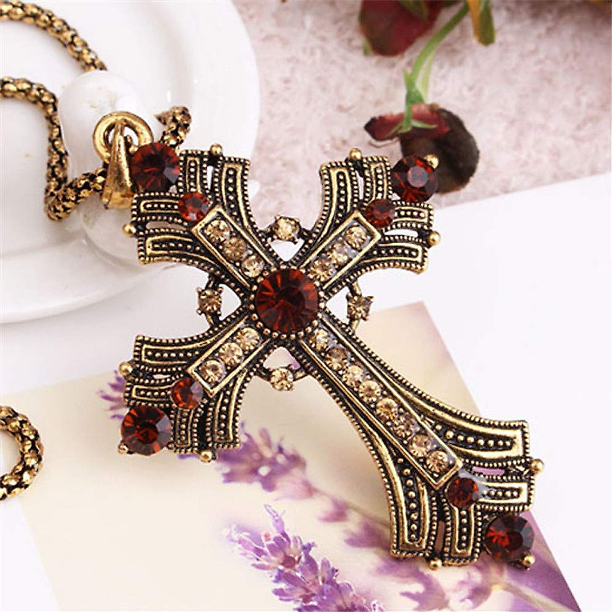 QTMY Vintage Celtic Rhinestone Diamond Cross Long Pendant Necklace for Women Jewelry,God We Trust(2)