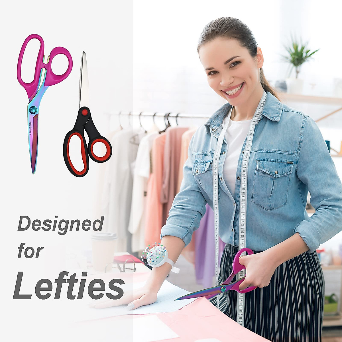 Left Handed Scissors Set - 2-Pack (9" Heavy Duty Titanium Coating Fabric Shears & 8" All Purpose Scissors) for Sewing/Crafting/School/Office Use, Great for Arts/Crafts/Leather/Paper, Left Handed Gifts