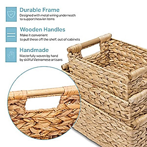 Wicker Baskets for Storage Organizing, Water Hyacinth Storage Baskets Rectangular with Wooden Handles for Shelves, Natural Wicker Storage Basket Bins - Set of Wicker Baskets for Organizing with Handle