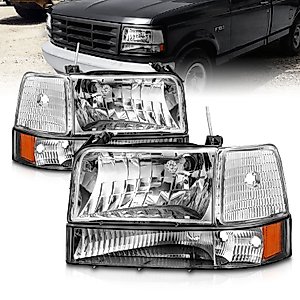 AmeriLite for 1992-1996 Ford F150 F250 F350 Bronco Truck Chrome Replacement Headlight Assembly w/Bumper Corner Lamp Set - Driver and Passenger Side