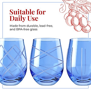 American Atelier Medallion Stemless Wine Glass Set of 6, 17 oz, Etched Patterns, Textured Glass Cups, Glasses for Red or White Wine, Stemless Goblets, Fifth Avenue Crystal, Blue