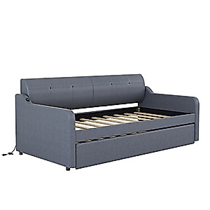 Harper & Bright Designs Twin Size Upholstery Daybed with Adjustable Trundle and USB Charging Design, Wooden Twin Daybed with Pop Up Trundle, No Spring Box Needed, Gray