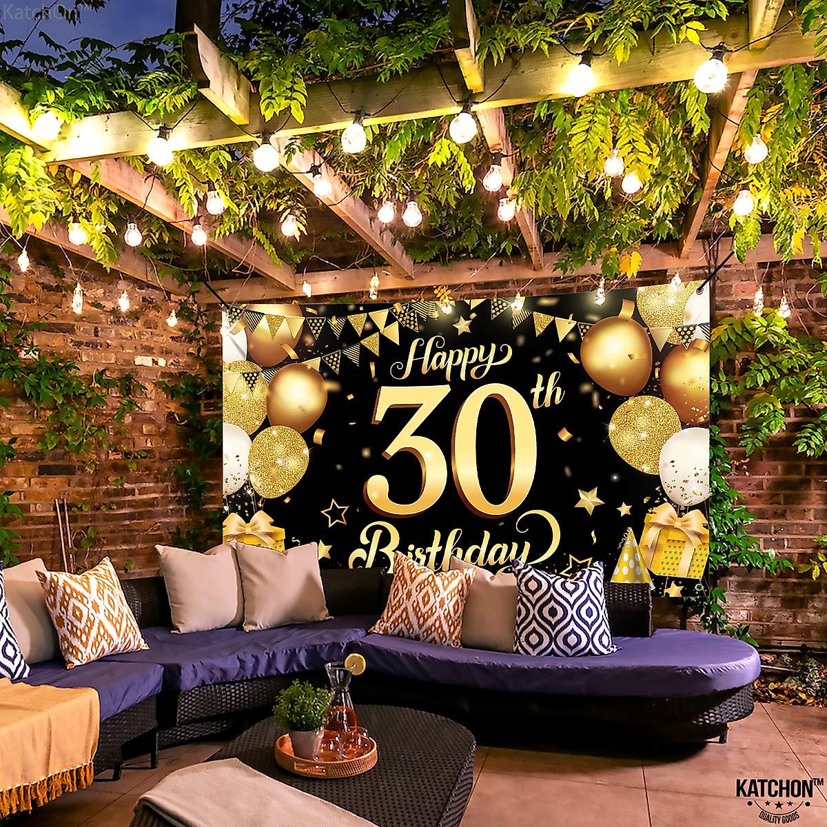 KatchOn, Happy 30th Birthday Backdrop - Large, 72x44 Inch | Black and Gold 30th Birthday Decorations | Happy 30th Birthday Banner for 30th Birthday Party Men, Women