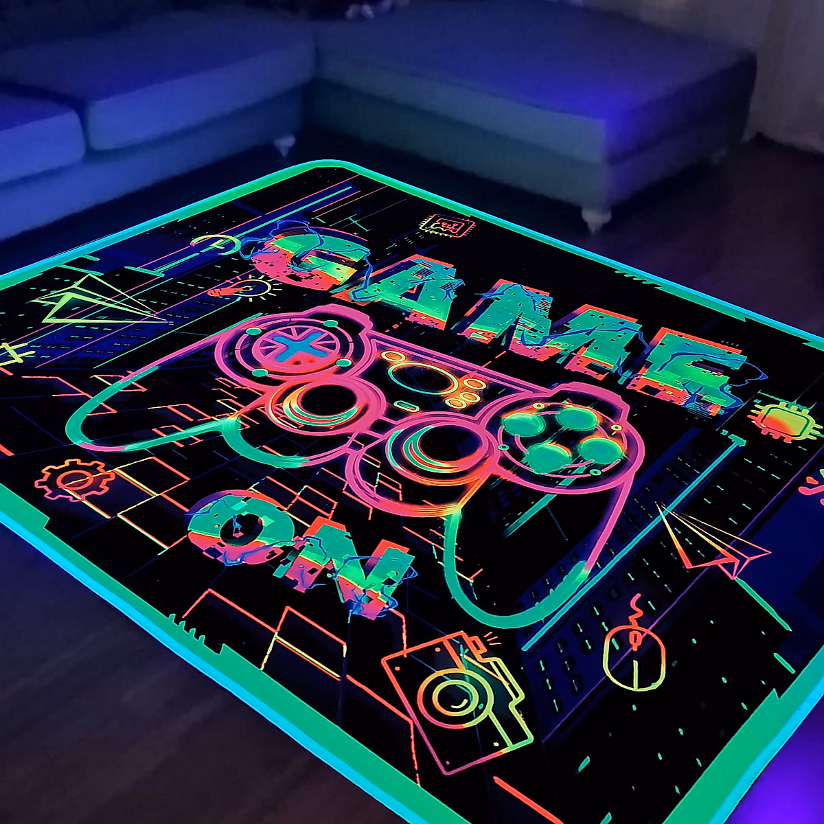 KMkicme Gaming Area Rug for Bedroom Gamer Rug for Boys Room Decor Video Game Printed Carpet Glow in The Blacklight Rug for Playroom Non-Slip Area Rug Kids Girls Gamer Room Casual Mat 23x35 Inch