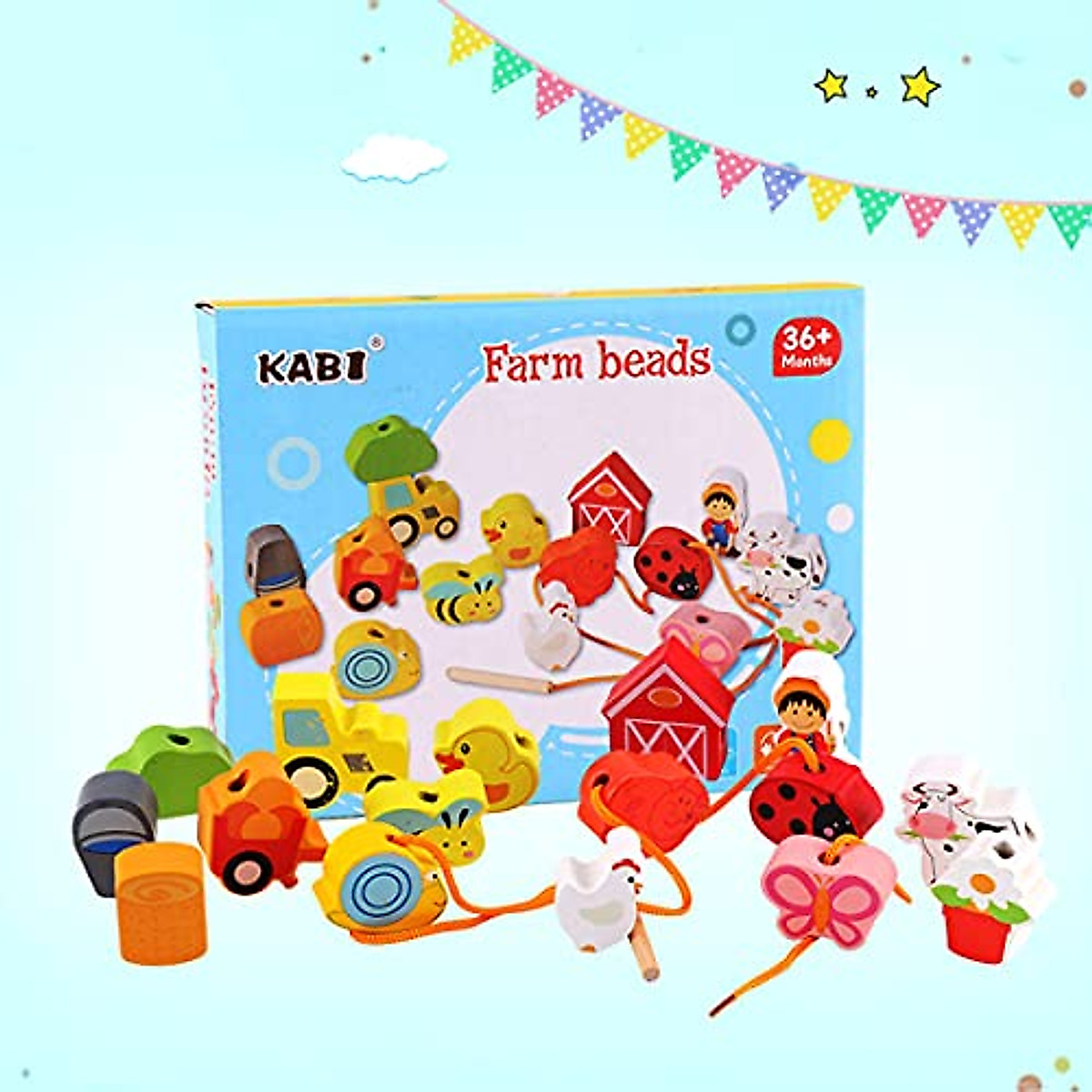 Lacing Farm Toy Wooden Block Set, Early Educational Toys String & Lacing Beads Games for Toddlers Kids Farm Animal Learning Play Set (16 Pieces)