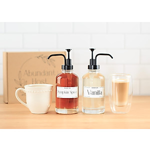 Coffee Syrup Dispenser with Pump, Set of 2, Coffee Bar Syrup Dispenser with Silicone Funnel, Glass Coffee Syrup Bottles for Coffee Bar, Black Syrup Pumps for Coffee Bar, Coffee Pumps for Syrup