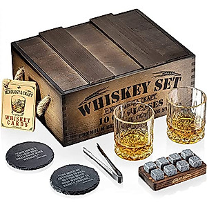 Mixology Whiskey Gift Set, Whiskey Glass Set with Rustic Wooden Crate, 8 Granite Whiskey Rocks Chilling Stones, 10oz Whiskey Glasses, Gift for Men, Dad, Husband, Boyfriend - Jameson Dark Brown