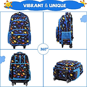 VASCHY Rolling Backpack Kids, 17in Water Resistant Large Schoolbag Carry-on Travel Trip Bag with Wheels for Boys Blue Dinos