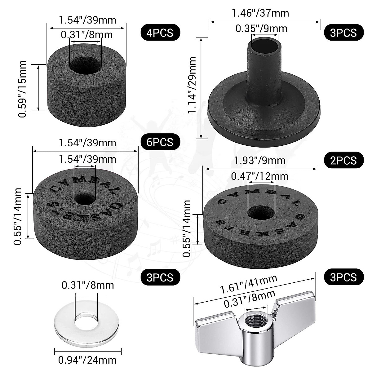 Facmogu 23PCS EVA Material Cymbal Replacement Accessories, Cymbal Stand Tubes, Drum Cymbal EVA Pads Include Wing Nuts, Washers, Cymbal Sleeves & Drum Key - Black