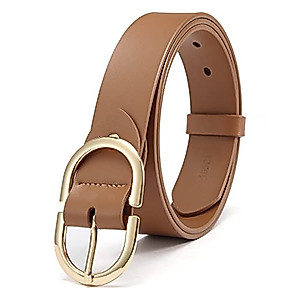 CR Womens Brown Leather Belts for Jeans Pants - 1.3" Width Casual Ladies Tan Belt - Fashion Center Bar Gold Buckle