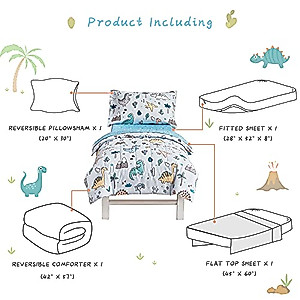 Joyreap 4 Piece Toddler Bedding Set, Cute Dinosaur on Light Blue, Ultra Soft Microfiber Toddler Comforter for Kids Boys Girls, Includes Quilted Comforter, Fitted Sheet, Top Sheet, and Pillow Case
