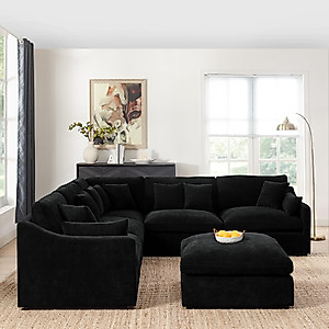 Yoglad Modern Oversized Modular Sectional Sofa Set with Down Feathers, L-Shaped Chenille Upholstered Couch with Ottoman and 10 Pillows for Living Room or Apartment (Black)