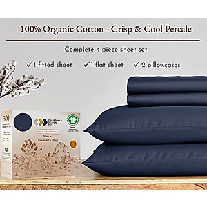 California Design Den Luxury Cotton Sheets for Queen Size Bed, GOTS Certified - Percale Sheets Queen - Soft Cooling Sheets - Deep Pockets - 4 Pc Organic Cotton Queen Size Sheet Set, Navy Blue Sheets