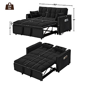 DAMAIFROM Velvet Sleeper Sofa Bed with USB Port, 3-in-1 Convertible Upholstered Loveseat Sofa w/Pull-Out Bed, Modern Futon Couch Bed with Adjustable Backrest for Living Room, Small Space, Black