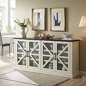 SinCiDo Farmhouse Buffet Cabinet with Storage, 70" Wood Sideboard Storage Cabinet w/4 Glass Barn Doors & Adjustable Shelf, Bar Cabinet for Kitchen, Dining Room, Hallway, White