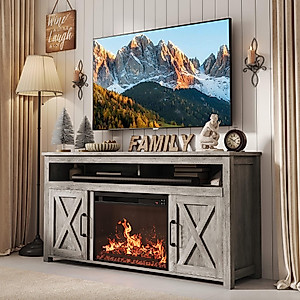 BELLEZE Barn Door Wood Electric Fireplace TV Stand for TVs up to 65 Inches Open Shelves and Cabinets Media Entertainment Center Console Table - Corin (Gray Wash)
