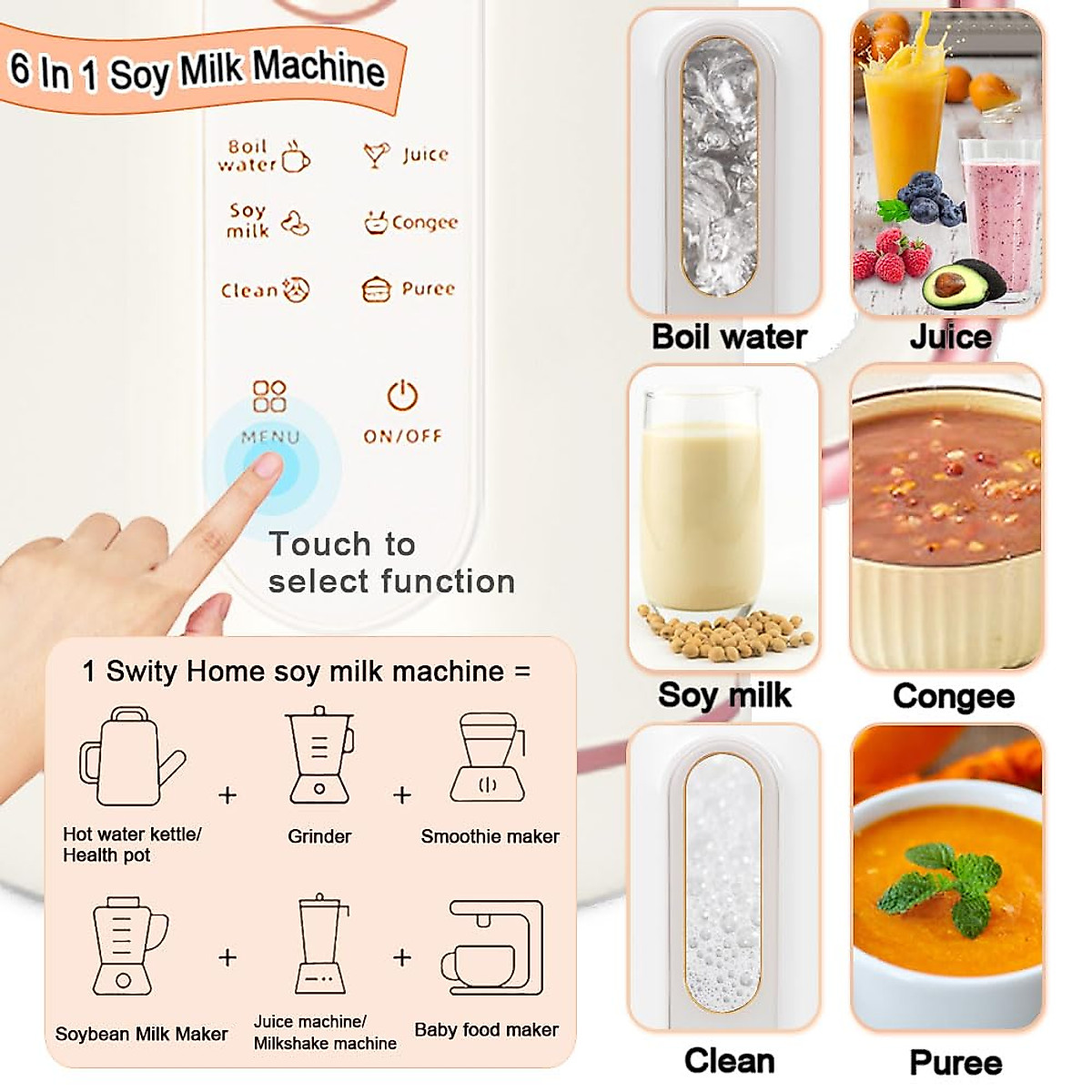 Swity Home Soy Milk Maker 23oz/30oz, Glass Interior Non-Stick Bottom, 6-In-1 Soymilk Maker Machine for Smooth Nut Almond Oat Coconut Plant-based Milk Congee Juice Boil Water, Free Filtering/Auto Clean
