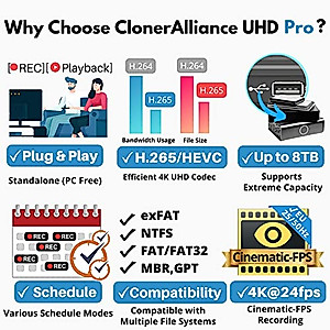 ClonerAlliance UHD Pro, 4K Video Recorder, HDMI Capture DVR with H.265/H.264 Codec, Cinematic 4K@24fps Recording(Up to 4K@30fps), No PC Required.