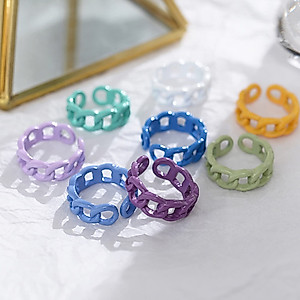 Punk Chunky Open Enameled Colorful Geometric Link Chain Stackable Adjustable Size Finger Ring Set Jewelry for Women Valentine's Day Birthday Gift-Set