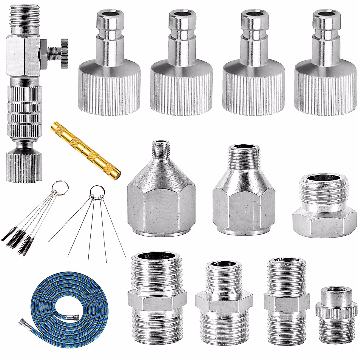 16PCS Airbrush Adapter Set Includes 12PCS Airbrush Adapter Kit Fitting Quick Release Disconnect Fitting Connector,Airbrush Hose with Airbrush Spray Cleaning Repair Tool for Air Compressor
