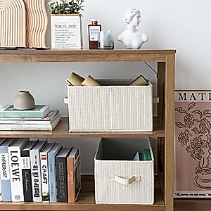 StorageWorks Large Storage Baskets for Shelves, Rectangular Closet Organizers with Handles, Foldable Closet Storage Baskets for Utility Room, 3-Pack, Beige Stripes