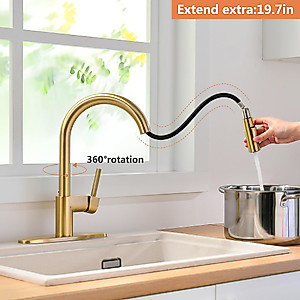 FROPO Gold Kitchen Faucet with Pull Down Sprayer - Modern Single Handle Pull Down Kitchen Sink Faucet with Deck Plate | Commercial Kitchen Faucet for 1 & 3 Hole Stainless Steel Brushed Gold