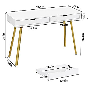 GreenForest Vanity Desk with Glossy Desktop, 39 inch Makeup Desk with 2 Drawers Dressing Table for Girls Women Bedroom Modern White Writing Computer Laptop Desk for Home Office, Gold