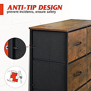 WLIVE Tall Dresser for Bedroom with 10 Drawers, Chest of Drawers, Fabric Dresser for Nursery, Closets, Storage Organizer Unit with Fabric Bins, Steel Frame, Wood Top, Rustic Brown Wood Grain Print