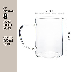 HAKEEMI Glass Coffee Mugs Set of 8, 15 oz Clear Coffee Cups with Handles for Latte, Mocha, Cappuccino, Espresso, Hot/Cold Beverages, Tea