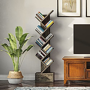 Rolanstar Bookshelf with Wooden Drawer, 9 Shelf Tree Bookshelf, Modern Book Storage, Free Standing Tree Bookcase, Utility Organizer Shelves for Home Office, Living Room, Bedroom, Grey
