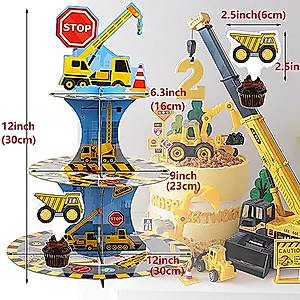 Cupcake Stand for Construction Birthday Party Supplies with 12pcs Cupcake Toppers, Construction Cupcake Holder for Birthday Decorations, 3 Tier Cupcake Stand for Boys Birthday Cake Decorations