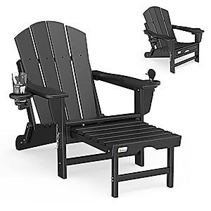 Mdeam Folding Adirondack Chair Lawn Outdoor Fire Pit Chairs Weather Resistant with 2 Cup Holder/Adirondack Retractable Ottoman（Black）