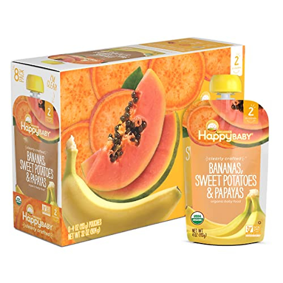 Happy Baby Organics Stage 2 Baby Food Pouches, Gluten Free, Vegan & Healthy Snack, Clearly Crafted Fruit & Veggie Puree, Bananas, Sweet Potatoes & Papayas, 4 Ounces (Pack of 16)
