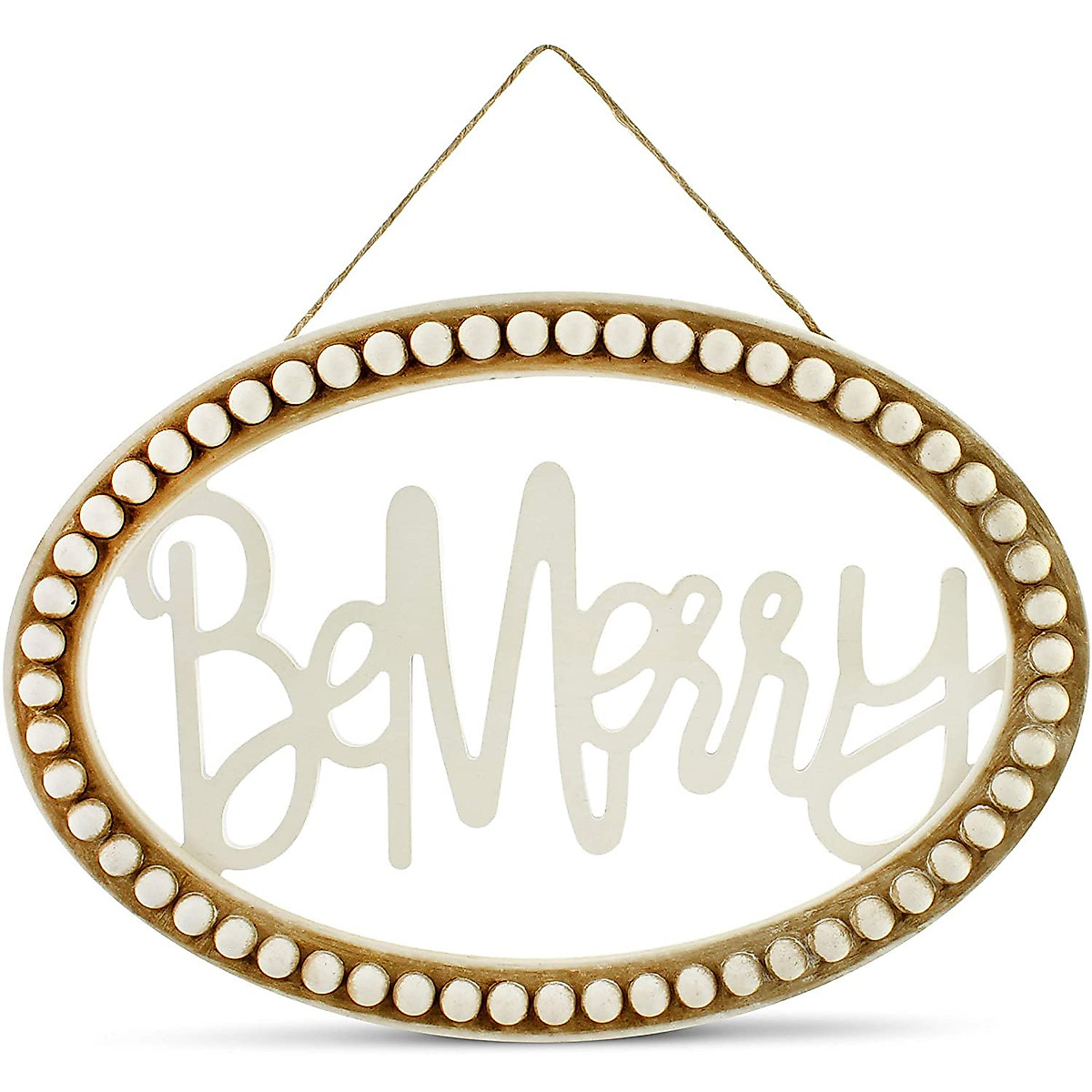 AuldHome Beaded Wooden Christmas Sign, "Be Merry" Oval Wood Holiday Decor Hanging Sign