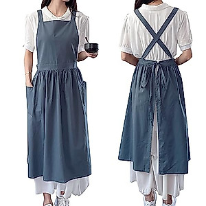 TALIBSA Pinafore Apron Dress，Japanese Cotton Linen Cross Back Apron for Women with Pockets，Pinafore Dress with Waist Ties (Turquoise Blue)
