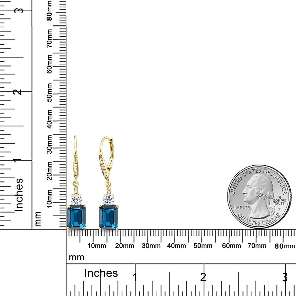 Gem Stone King 18K Yellow Gold Plated Silver London Blue Topaz and White Topaz Dangle Earrings For Women (6.08 Cttw, Gemstone November Birthstone, Emerald Cut 9X7MM)