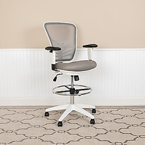 Flash Furniture Tyler Mid-Back Light Gray Mesh Ergonomic Drafting Chair with Adjustable Chrome Foot Ring, Adjustable Arms and White Frame