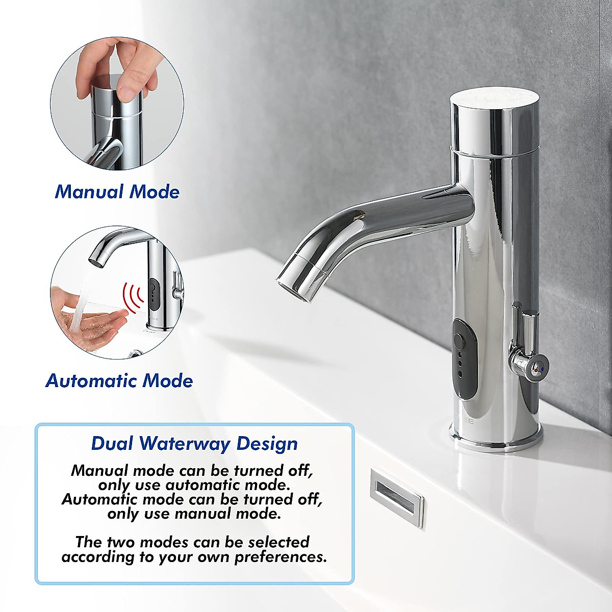 TUSEE Manual and Automatic Faucet, Touchless Bathroom Faucet with One Temperature Control Rod, Chrome, TS-5303C