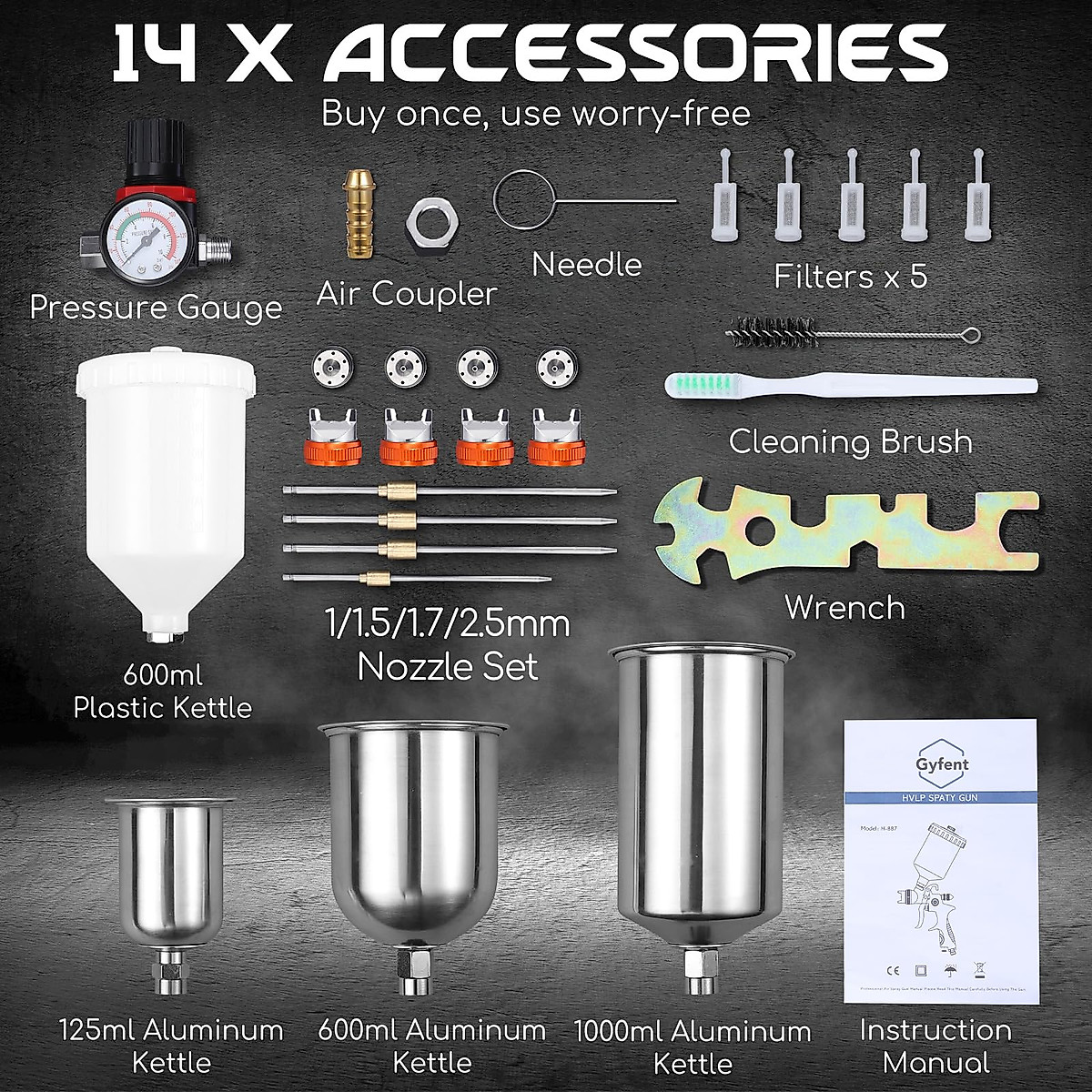 Gyfent Spray Paint Gun Set, HVLP Auto Paint Gun Air Paint Spray Gun with 3 Spray Gun & 1/1.3/1.7/2.5mm Nozzles & 4 Kettles & Pressure Gauge for Car Automotive Furniture DIY House Painting