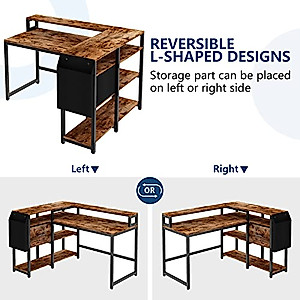 Loomie Reversible L Shaped Desk with Drawer, 55" W x 41" D Industrial Corner Computer Desk with 4 Tier Shelves & Monitor Stand and Bag, Study Table for Home Office, Rustic