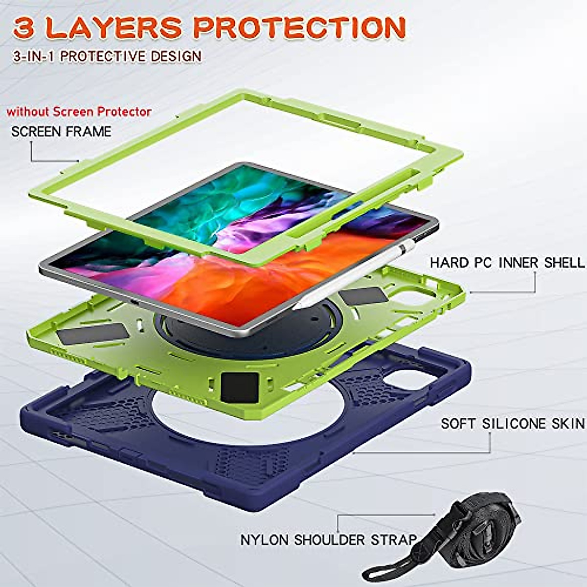 SCSVPN iPad Pro 12.9 Case 4th/3rd Generation, Full Heavy Duty Shockproof Protective Cover for iPad Pro 12.9 inch 2020/2018 with Pencil Holder - 360 Rotating Stand - Handle/Shoulder Strap, Navy Green